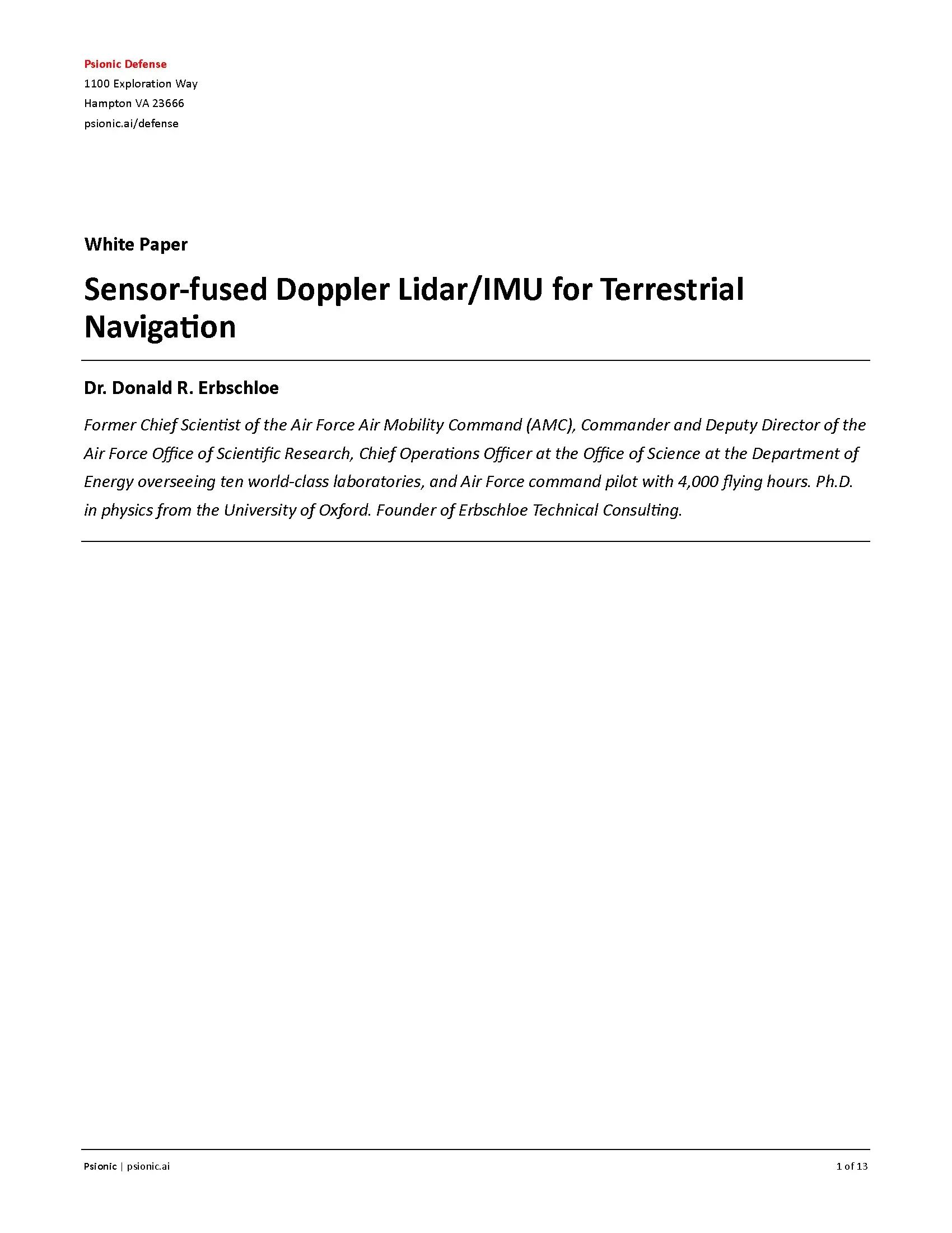 Sensor Fused Doppler Lidar Imu For Terrestrial Navigation Psionic